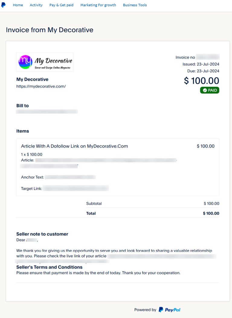 LivePositively $100 Invoice | My Decorative